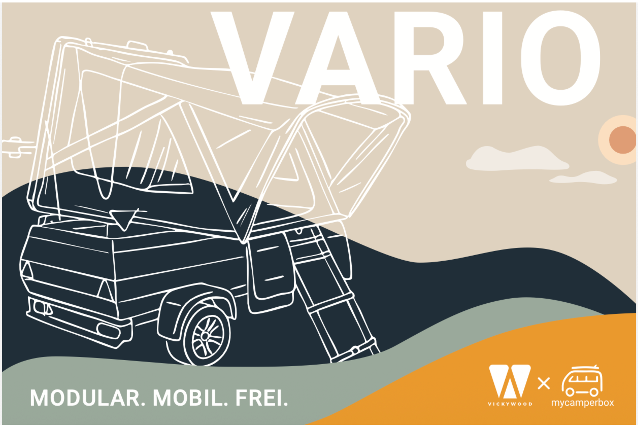 mycamperbox x VICKYWOOD: Mini-Wohnwagen VARIO mit Dachzelt